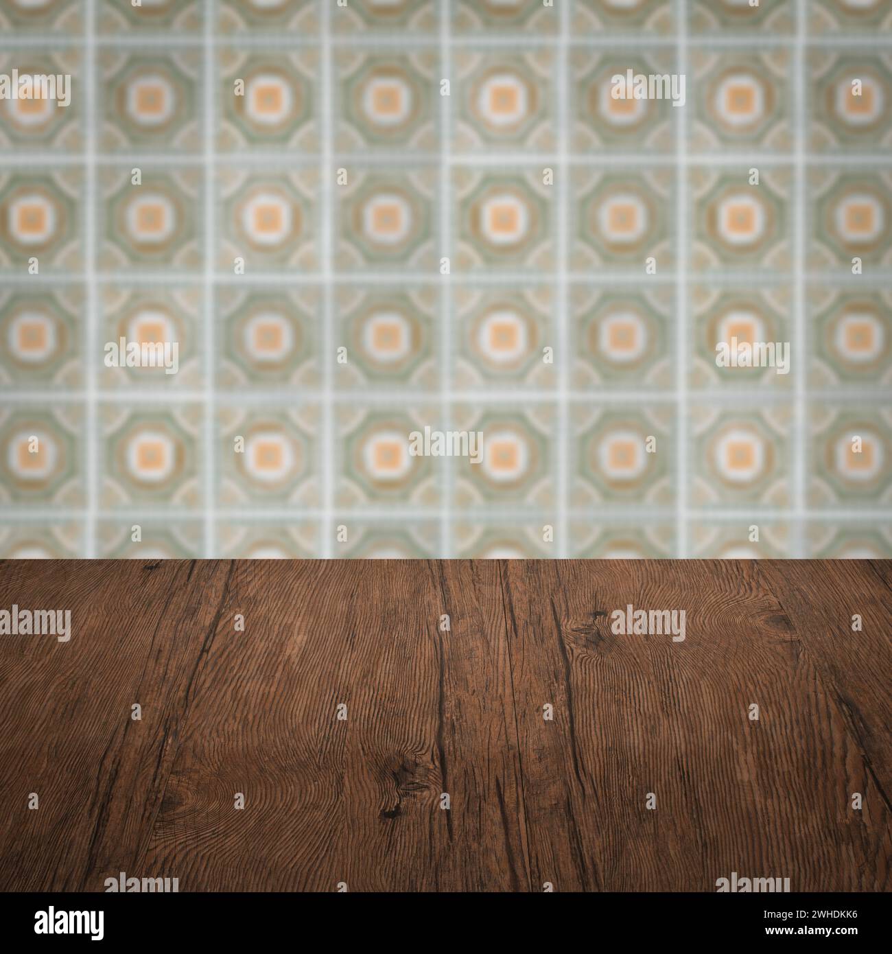 Wood table top and blur vintage ceramic tile pattern wall Stock Photo ...
