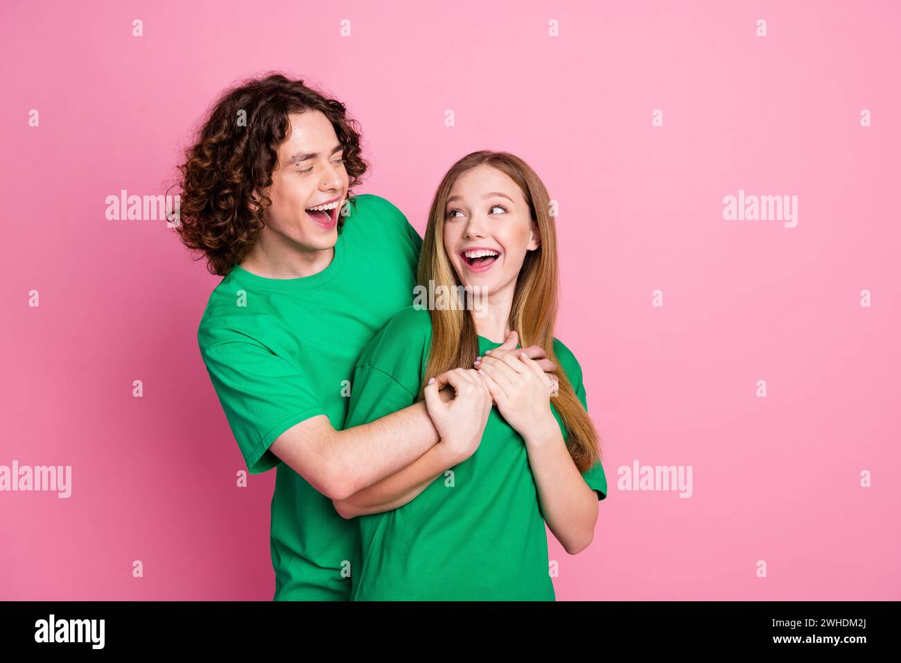 Portrait of couple laughing friends have fun together buddies at party ...