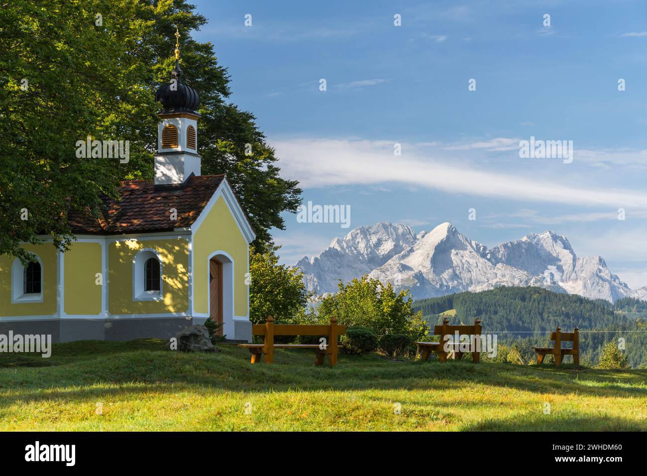 Maria Rast Chapel on the humpback meadows, Zugspitze, Krün, Bavaria ...