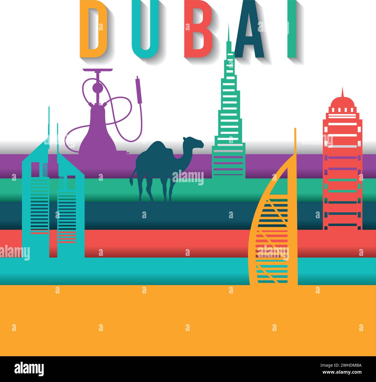 Silhouette of famous dubai landmarks and a camel Vector Stock Vector ...