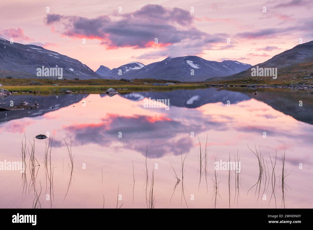 Lake in upper Rapadalen, Ruohtes massif, Sarek National Park, Lapland ...