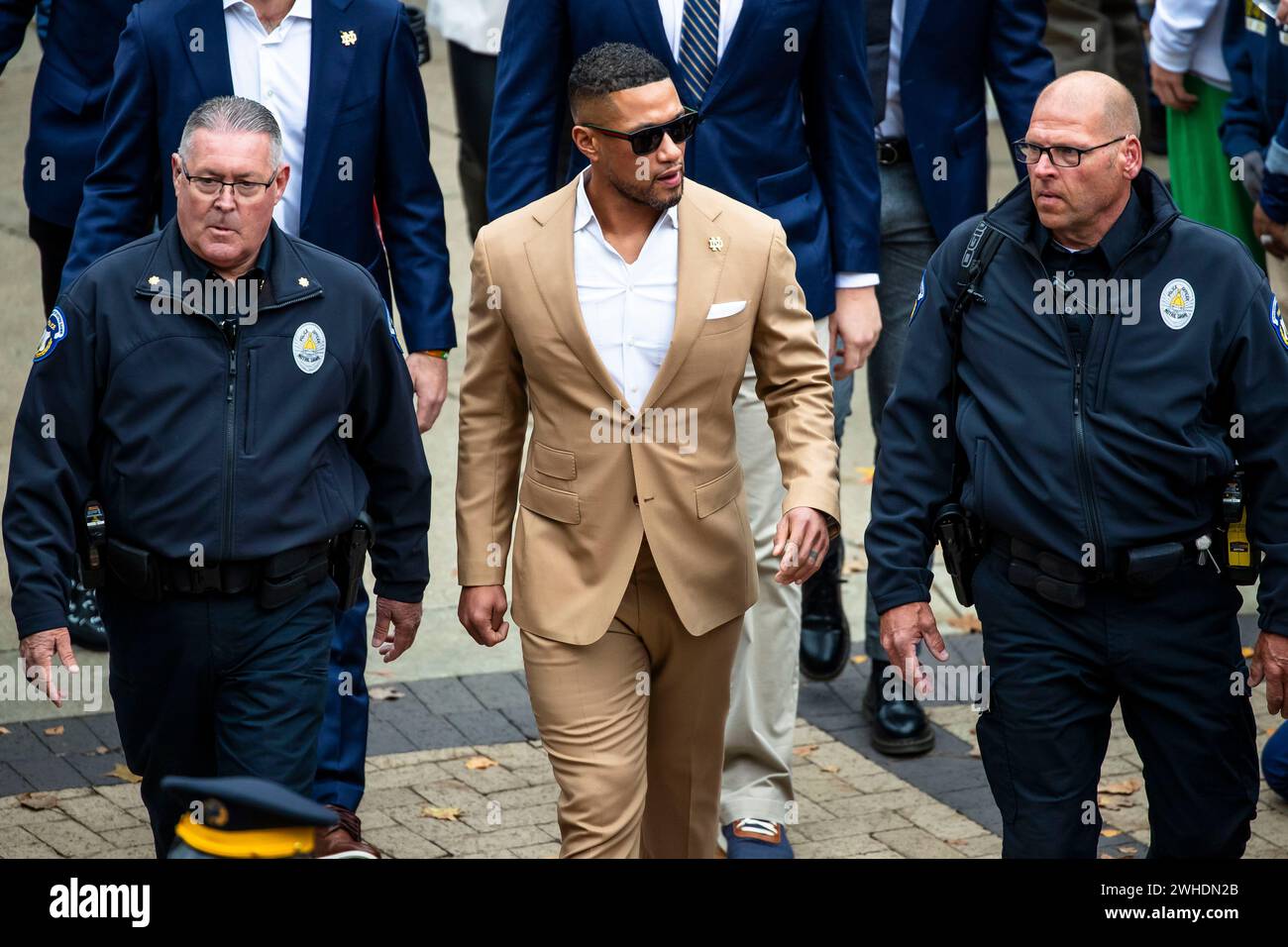 FILE - Notre Dame head coach Marcus Freeman gets a police escort to the ...