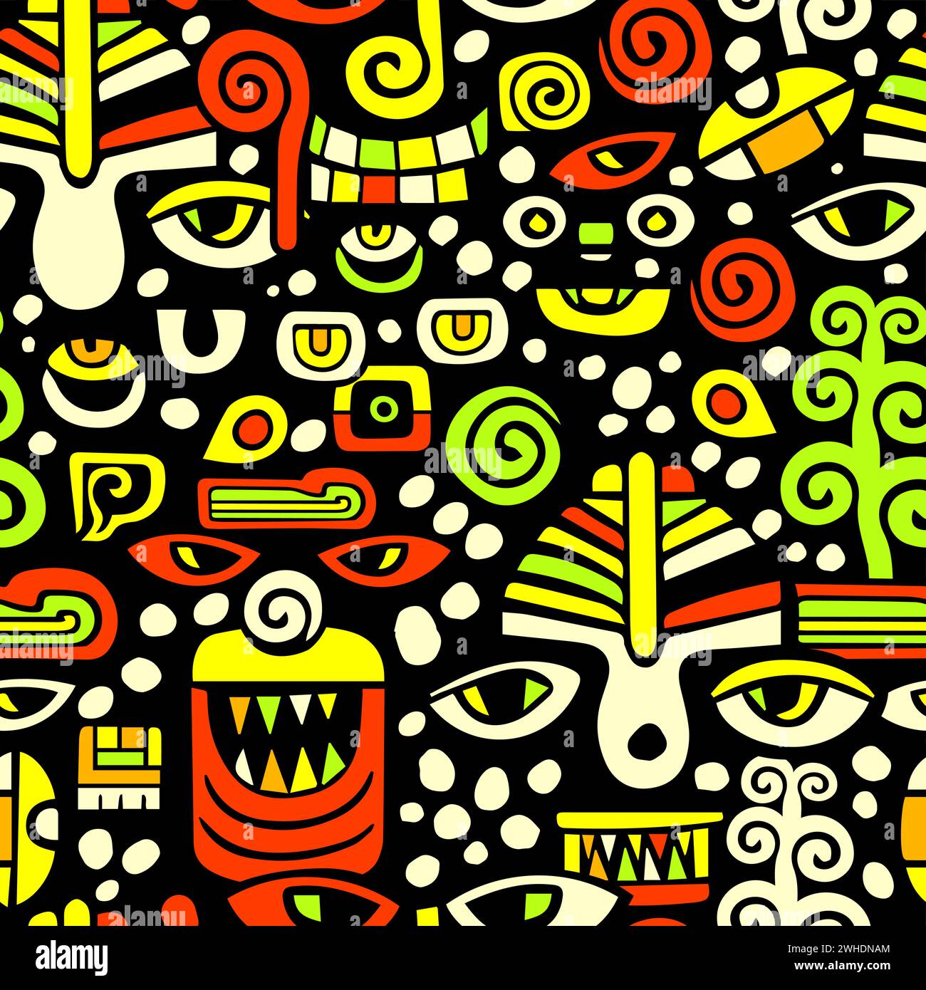 Abstract graphic colored faces seamless pattern. Ancient Inca mask ...