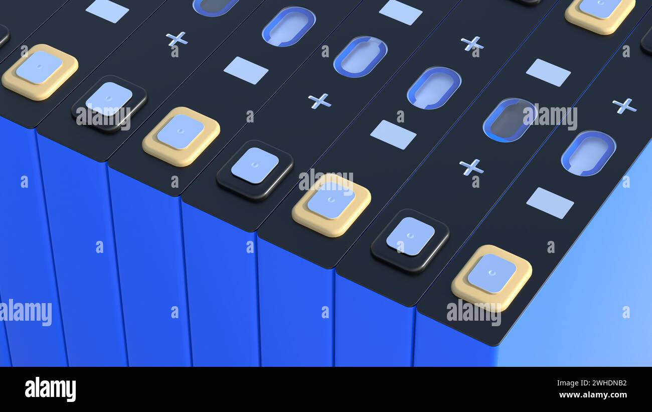 closeup LFP EV cell, blue NMC Prismatic High-capacity Battery pack for ...