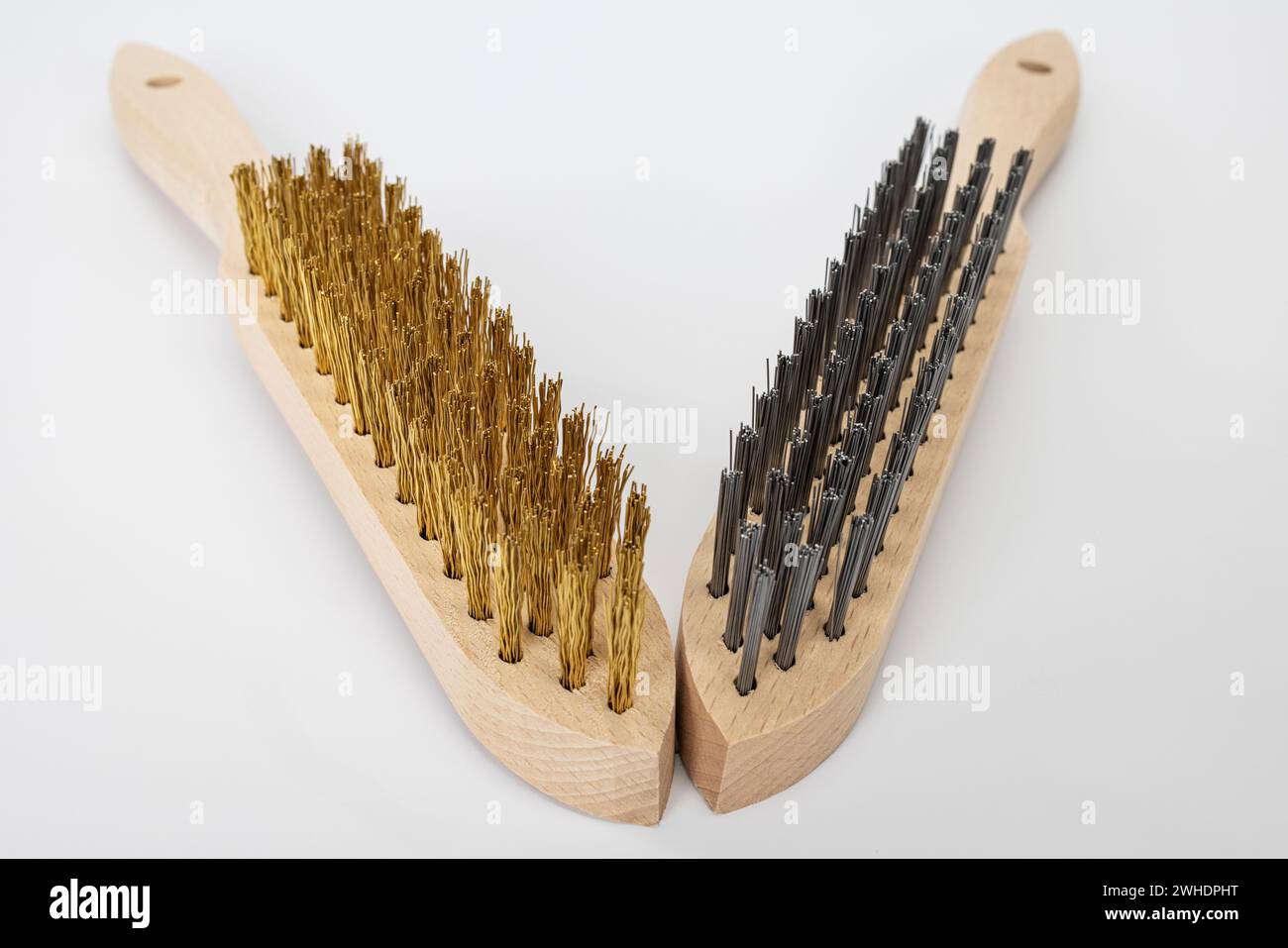 Two hand wire brushes with wooden handle, brass brush, steel brush ...