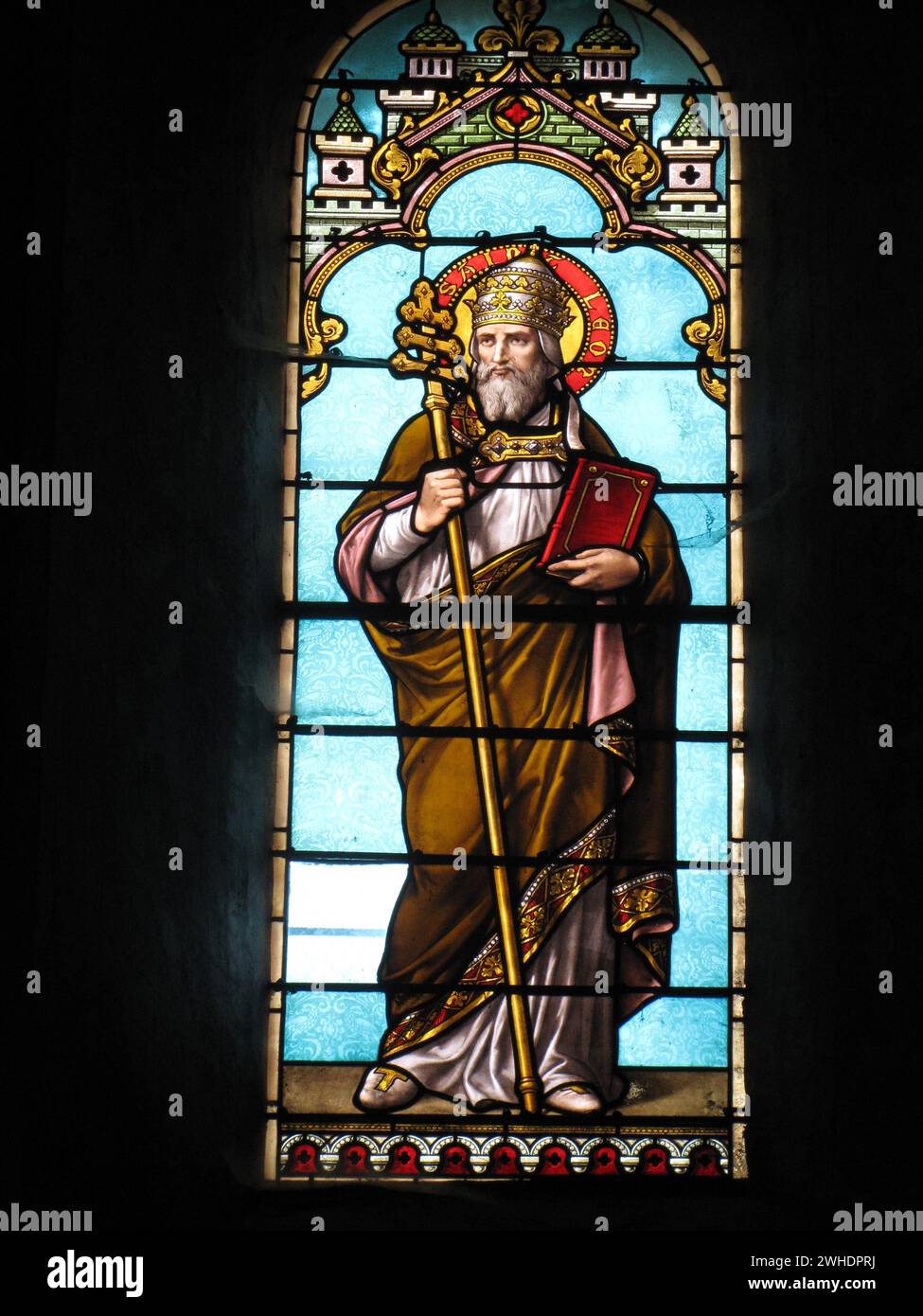 Pope Leon IX. Stained-glass window in Saint-Étienne church in Château ...