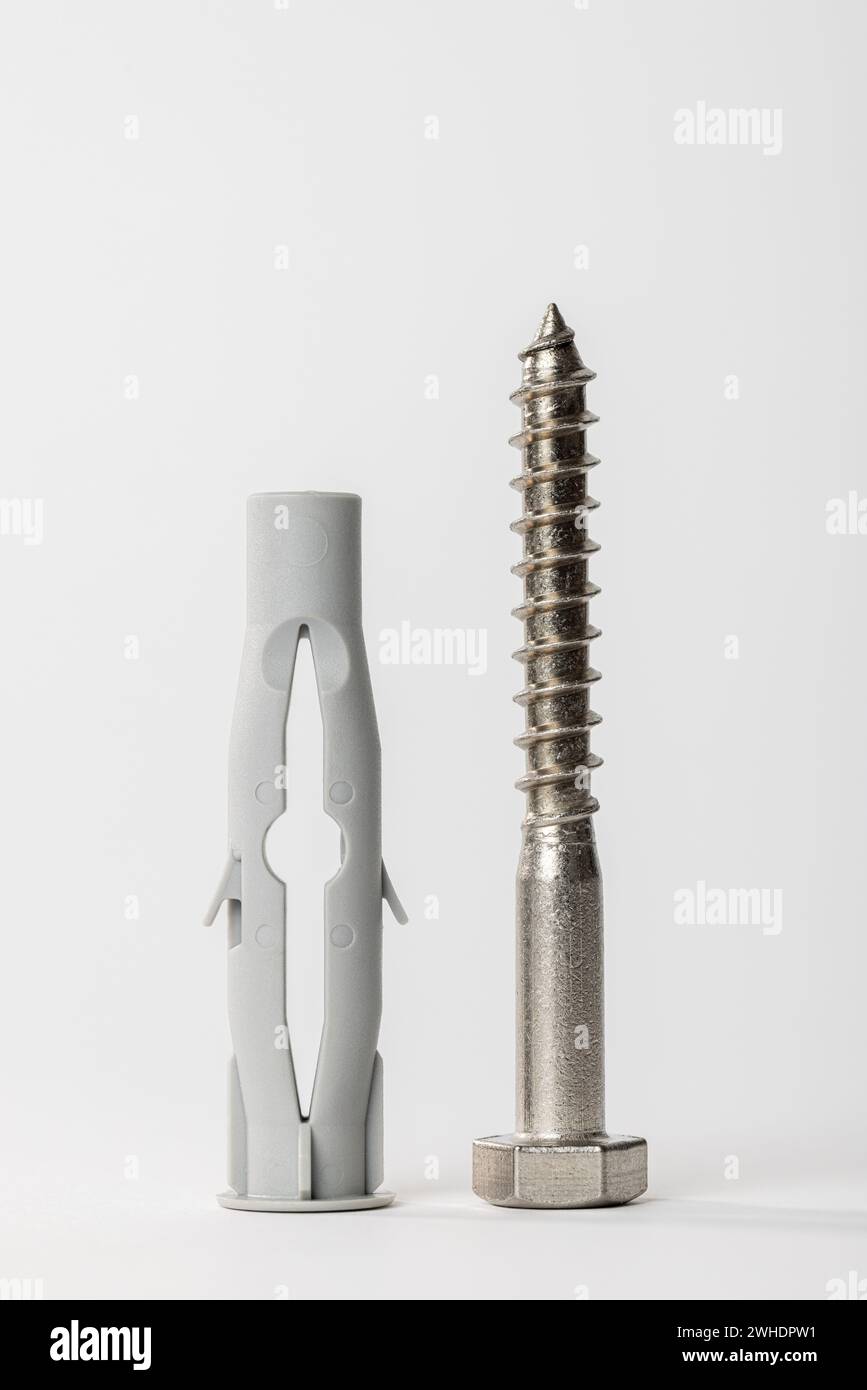 Fischer universal plug, stainless steel wood screw, white background ...