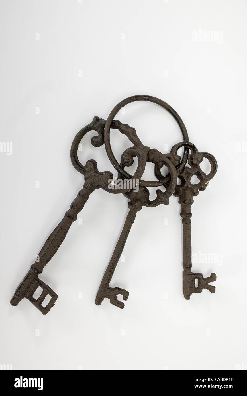Three old decorative keys on a key ring, vintage, white background ...