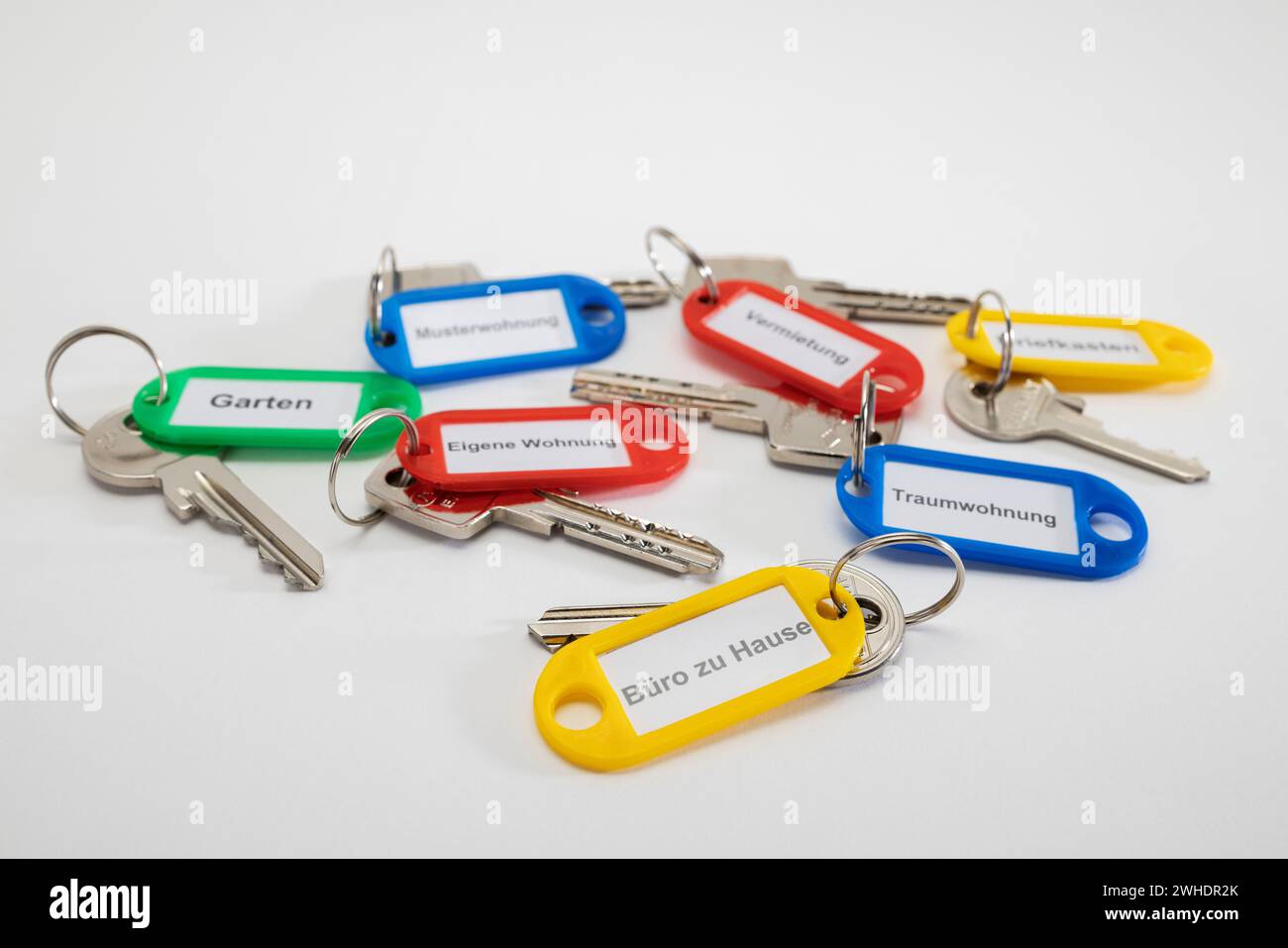 Various keys with key fob, different colors, labeled, dimple key, white ...