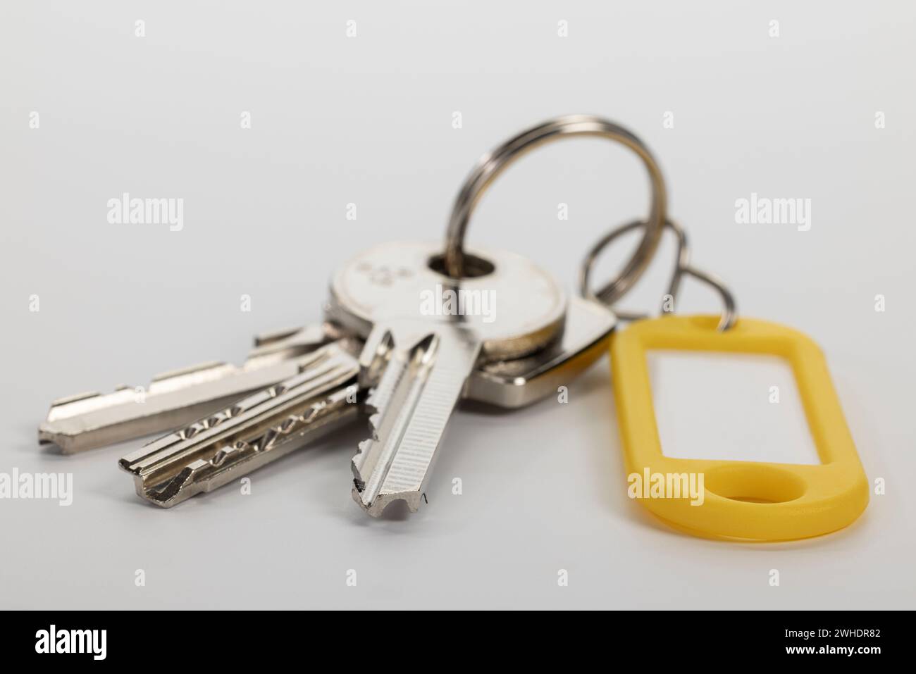 Key ring with yellow key fob, without lettering, blurred, white ...