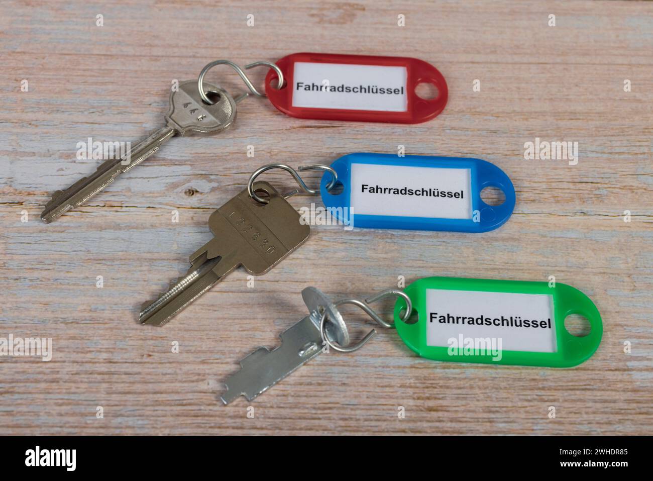 Three different bicycle keys with key ring, labeled 'bicycle key ...