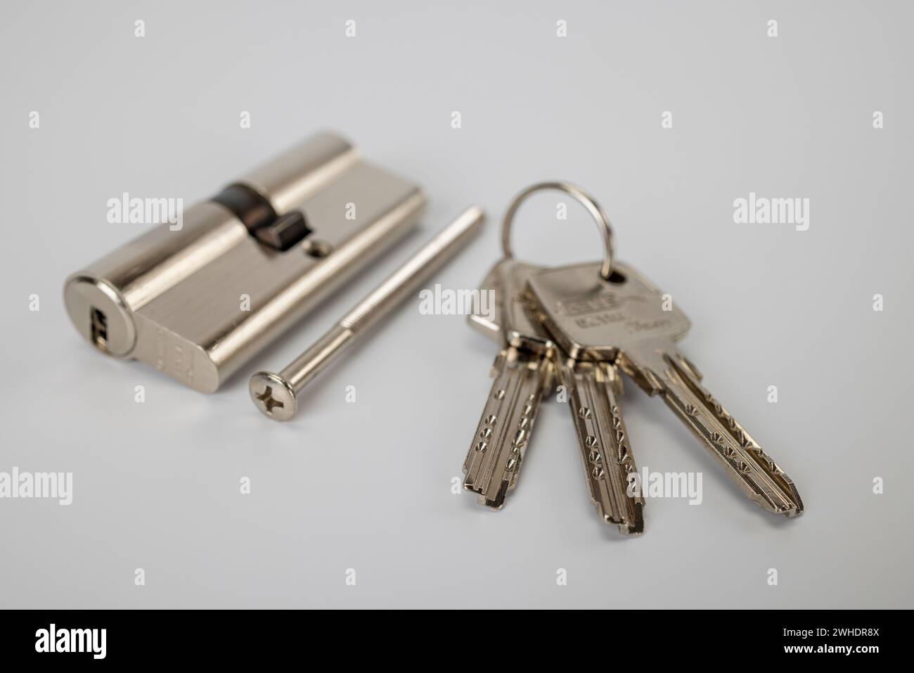 ABUS locking cylinder with key, fixing screw, white background Stock ...