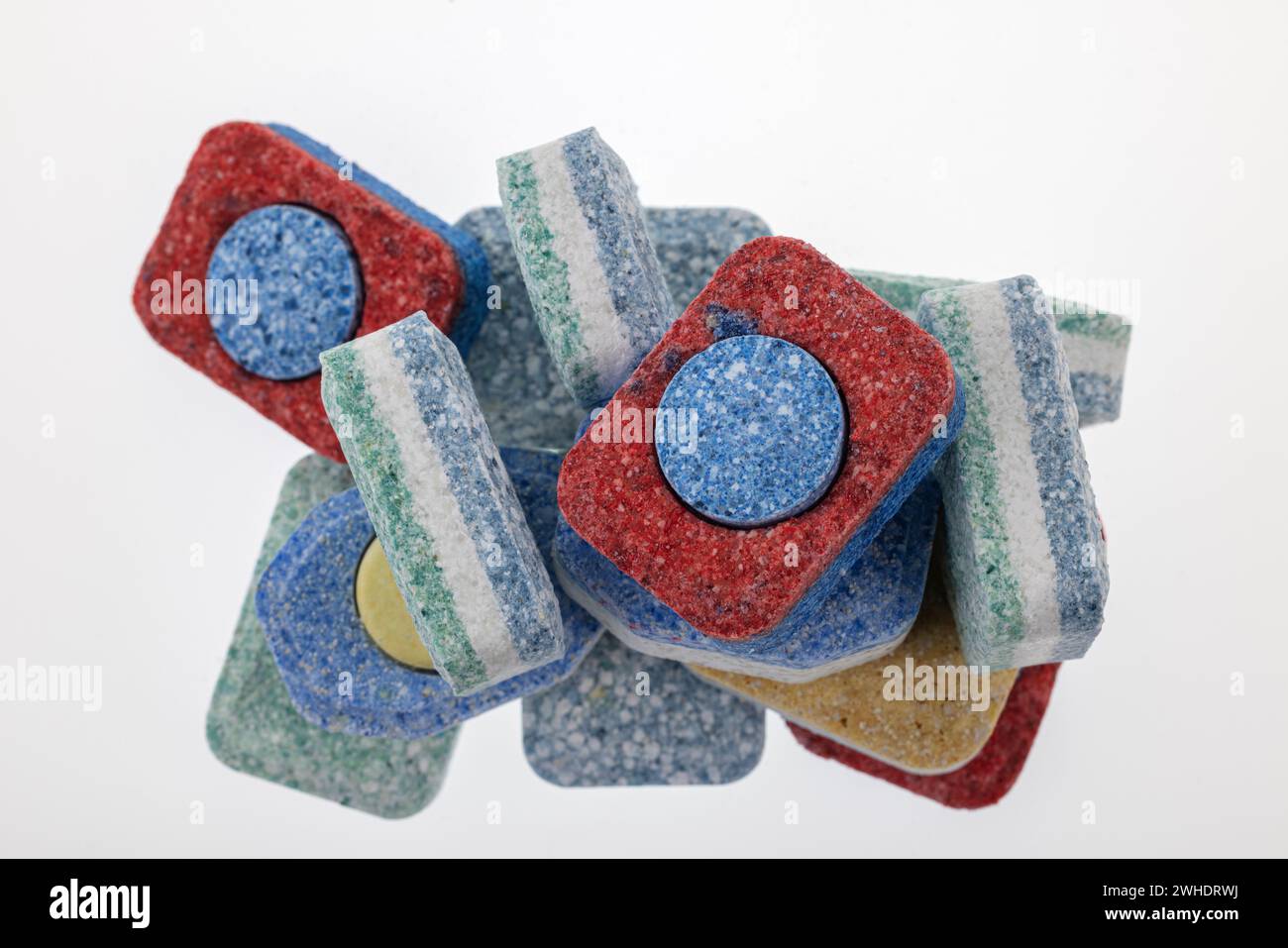 Many dishwasher detergent tabs, various brands, for dishwashers, white ...