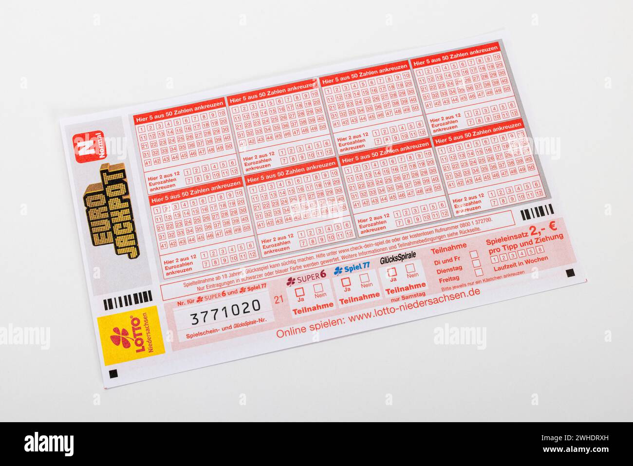 Unfilled lottery ticket, EUROJACKPOT, white background Stock Photo - Alamy