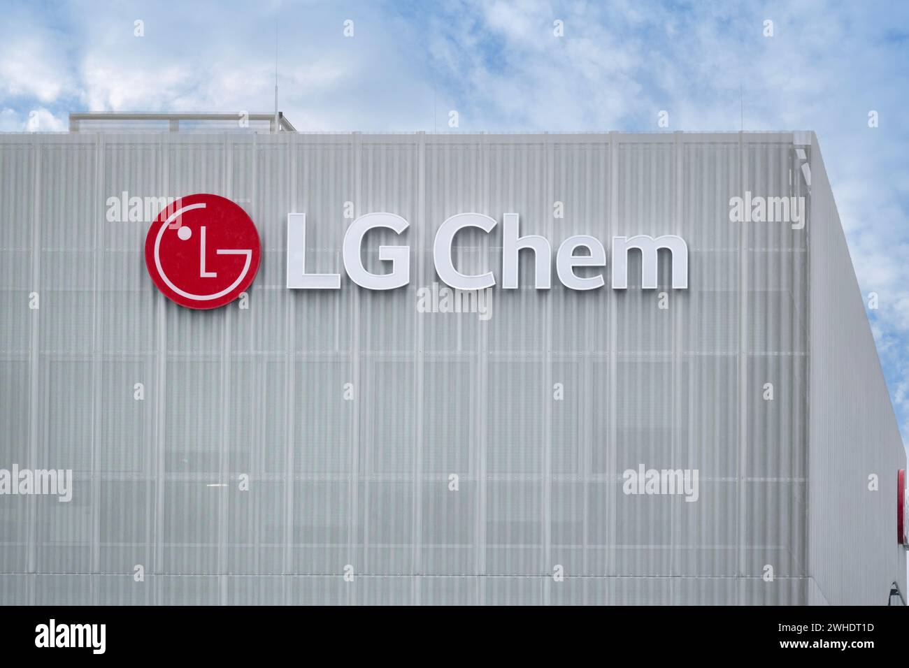 Advertising LG Chem logotype on facade building, leading global chemical company, South Korea's ...