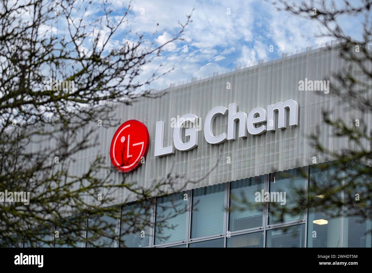 Advertising LG Chem logotype on facade building, leading global chemical company, South Korea's ...
