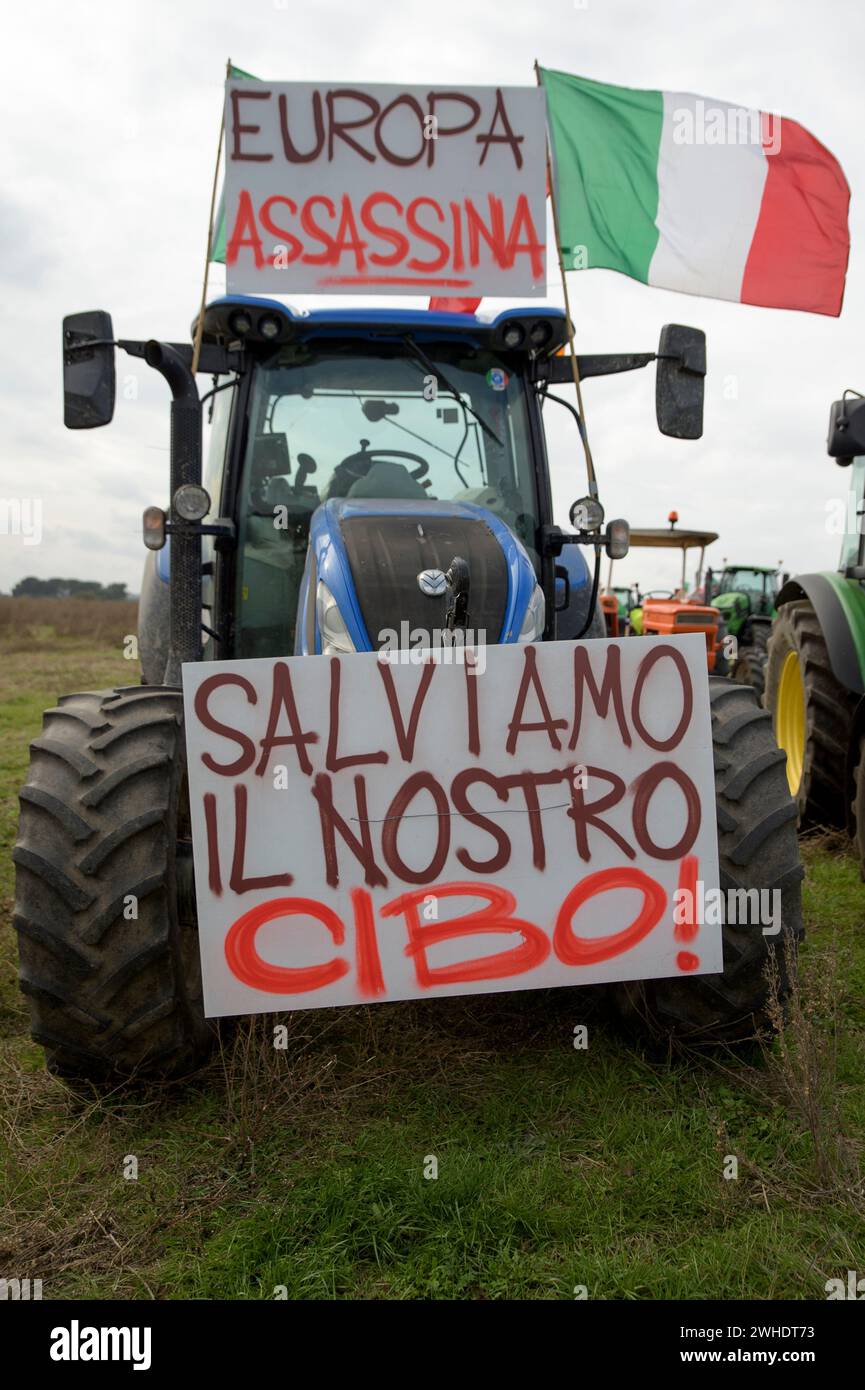 February 9, 2024, Rome, Italy: A tractor with a sign reading ''Killer ...