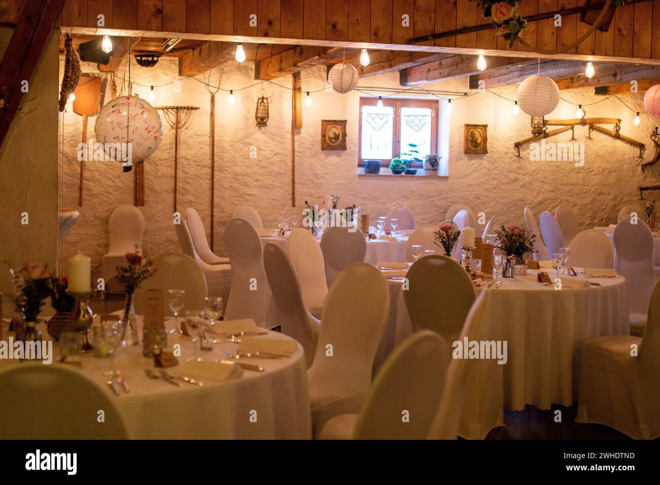 Barn as wedding location, decoration, boho Stock Photo - Alamy