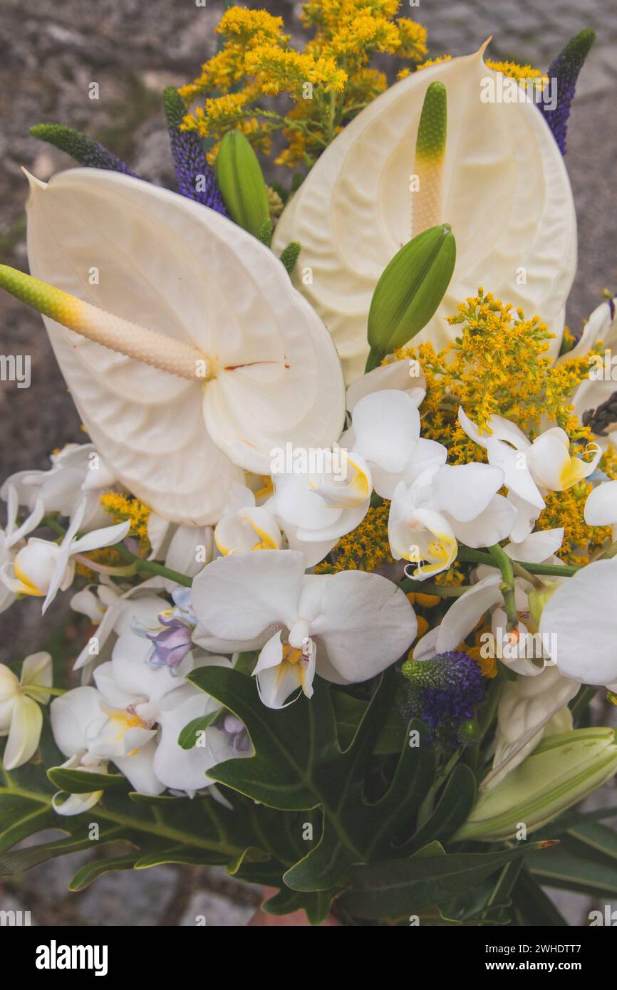 Bridal bouquet in white, green and yellow with anthurium Stock Photo ...