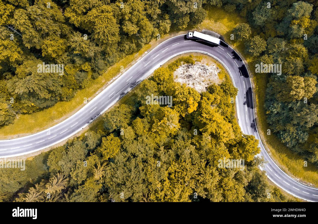 Aerial view of a winding pass road in the Altmühltal Nature Park in ...