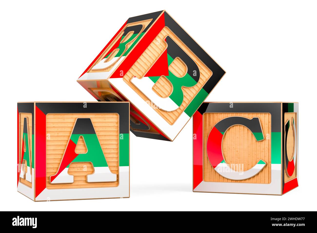ABC cubes with Arabic flag. 3D rendering isolated on white background ...