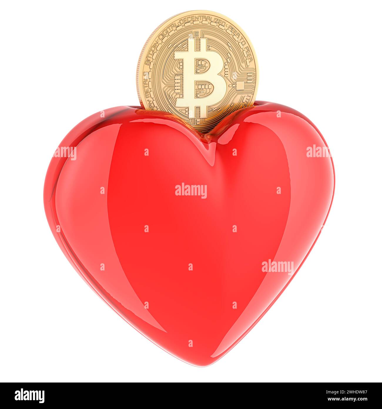 Bitcoin with money box in heart shape, 3D rendering isolated on white ...