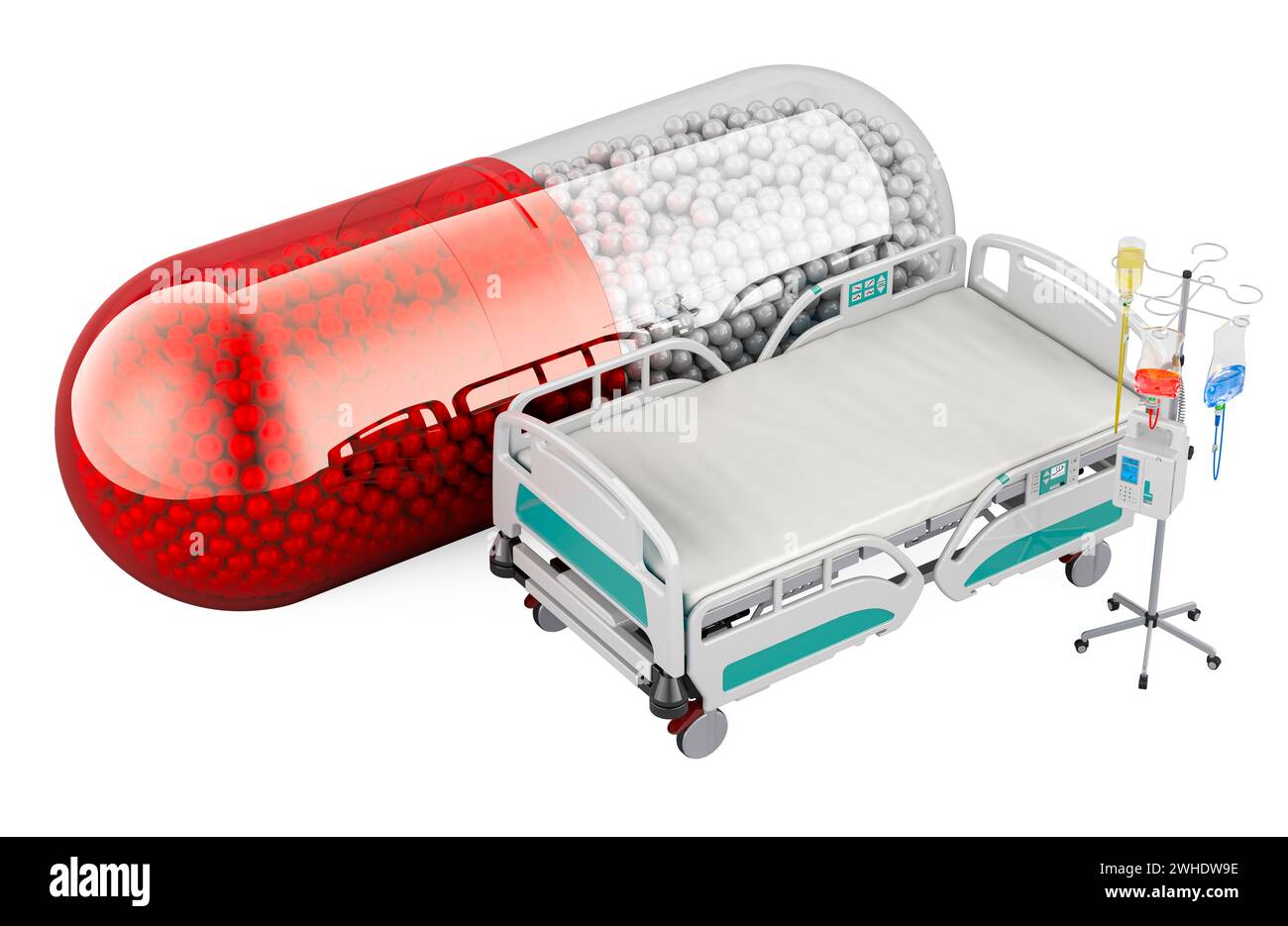 Hospital bed with medicament capsule, 3D rendering isolated on white ...