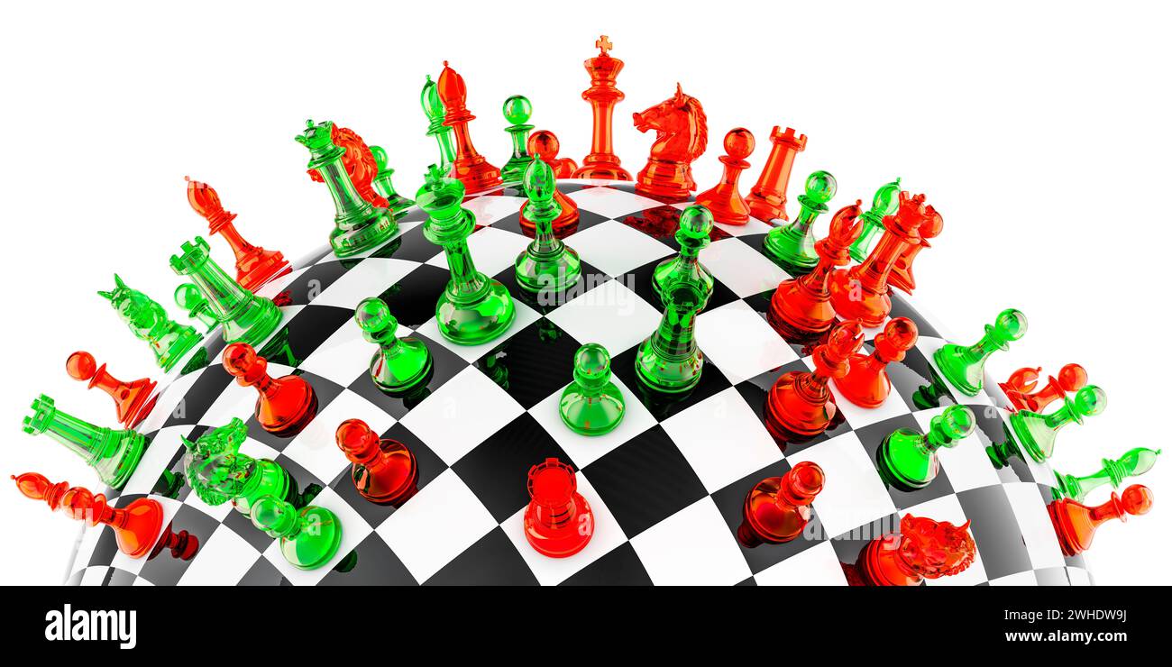 Colored glass chess pieces on the sheckered sphere, 3D rendering ...