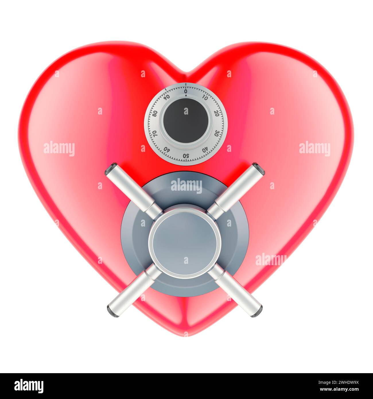 Red heart with safe combination lock and metal handle safe. 3D ...