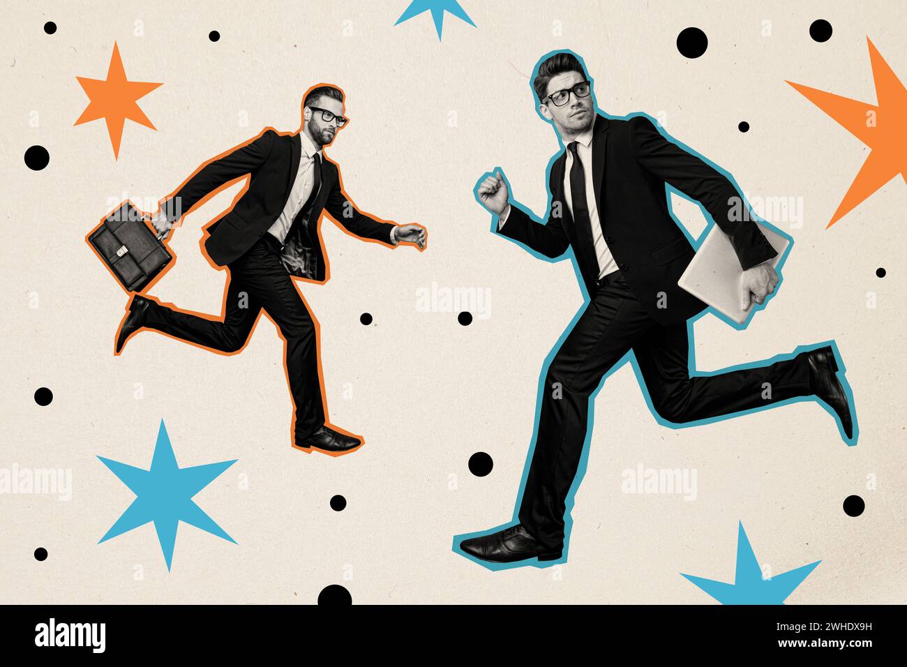 Collage young running two entrepreneurs carry laptop diplomat suitcase ...