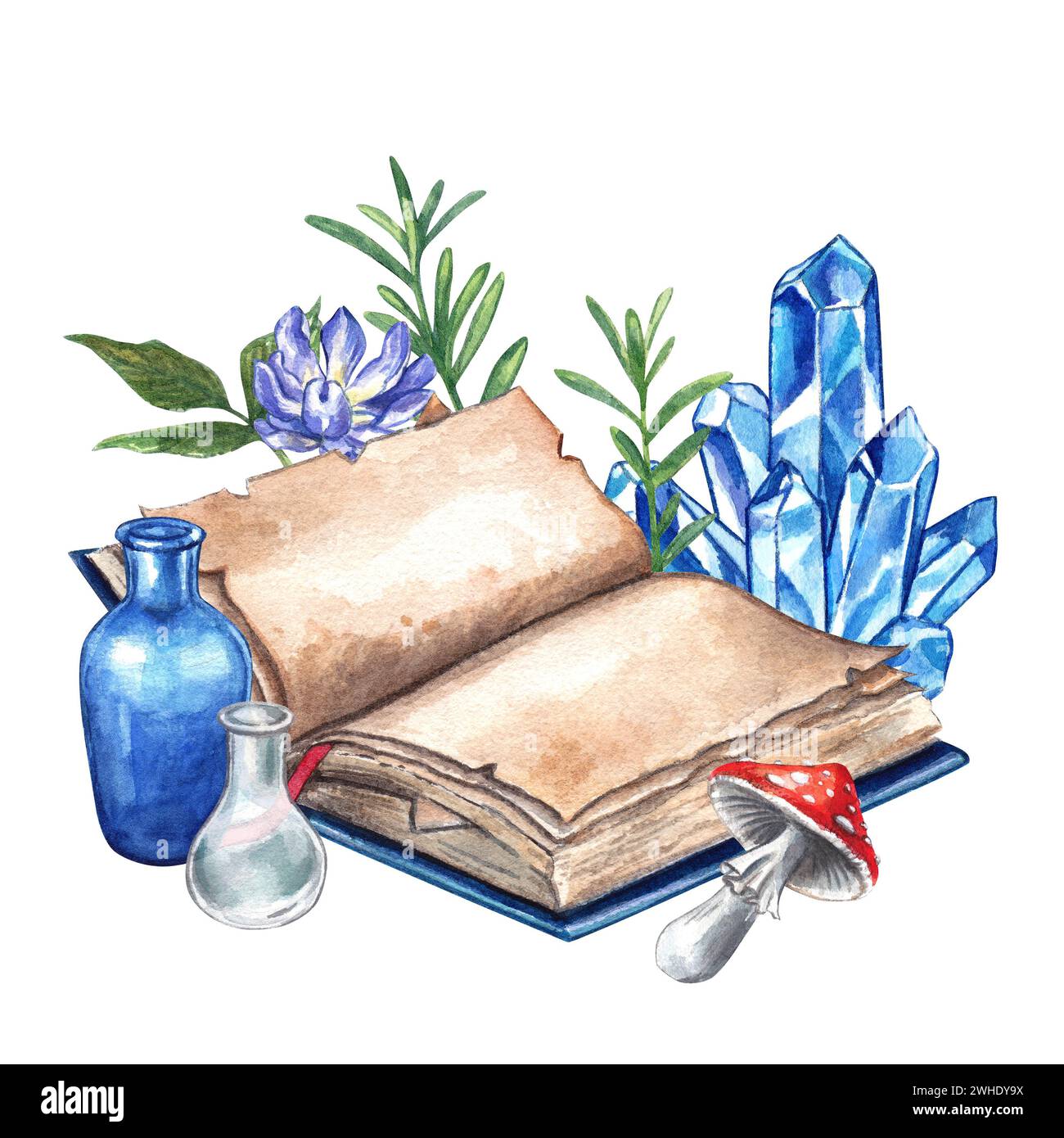 Magic book. Watercolor hand drawn illustration. Composition with a book ...