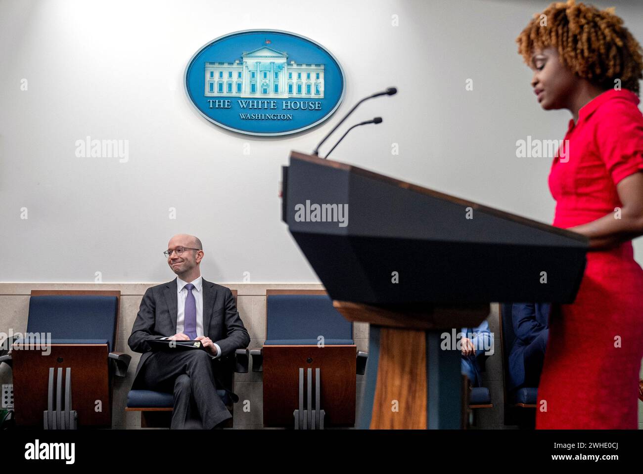 White House press secretary Karine Jean-Pierre, right, accompanied by ...