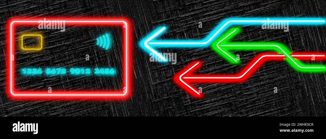 Neon arrows point to a neon credit card or debit card in a unique ...