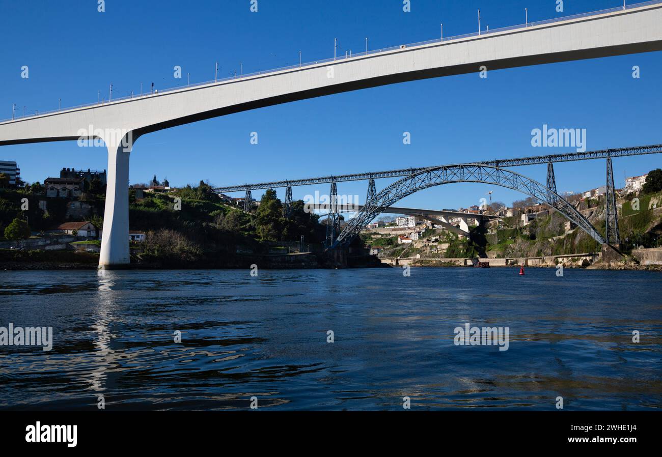 View from the Douro River of the Sao Joao Bridge, the Dona Maria Pita ...