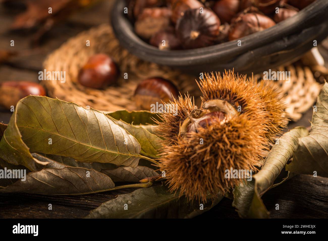 Roasted chestnuts and leaves Stock Photo - Alamy