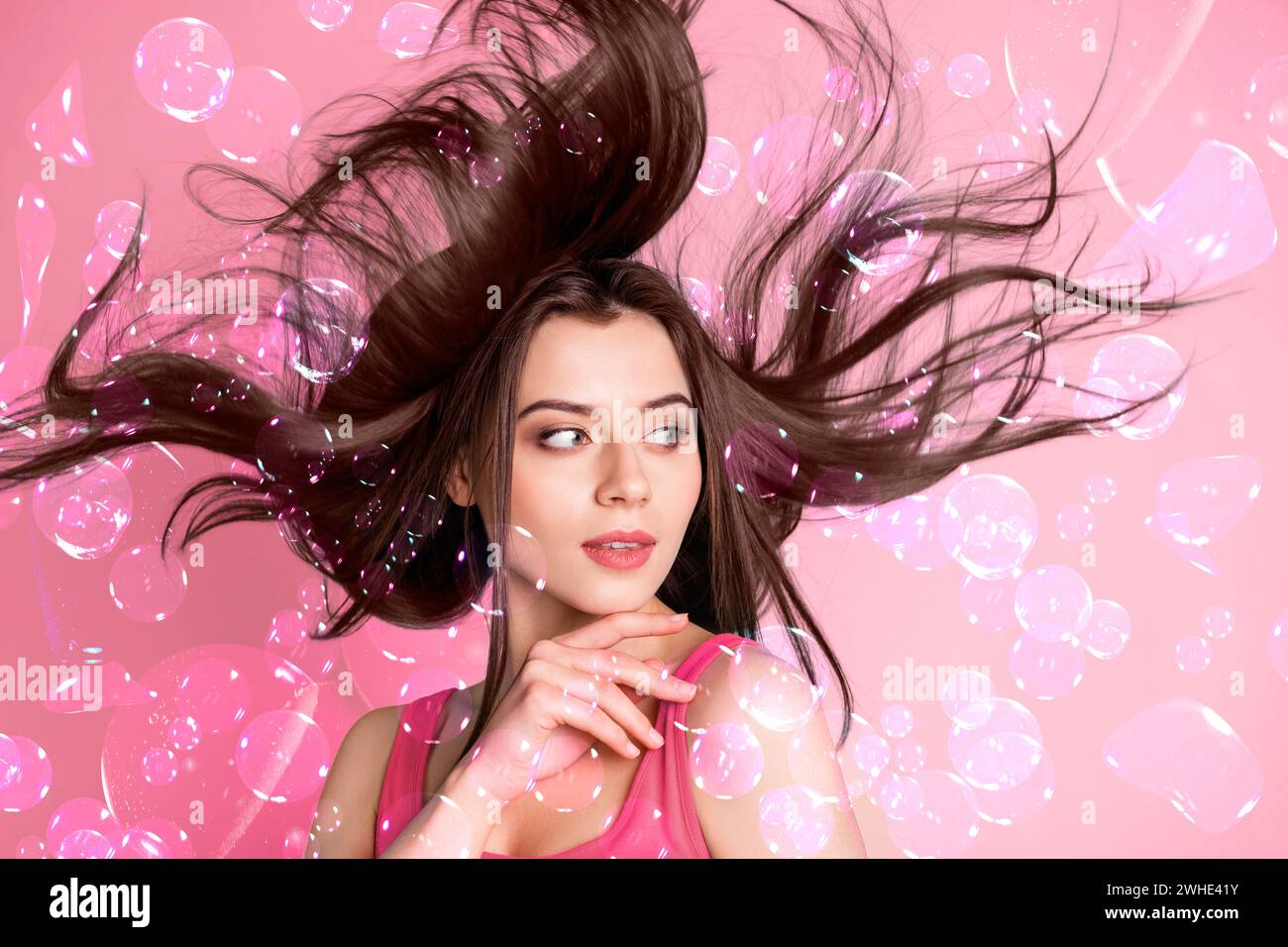 Creative 3d collage of woman touching face look pink pastel background ...