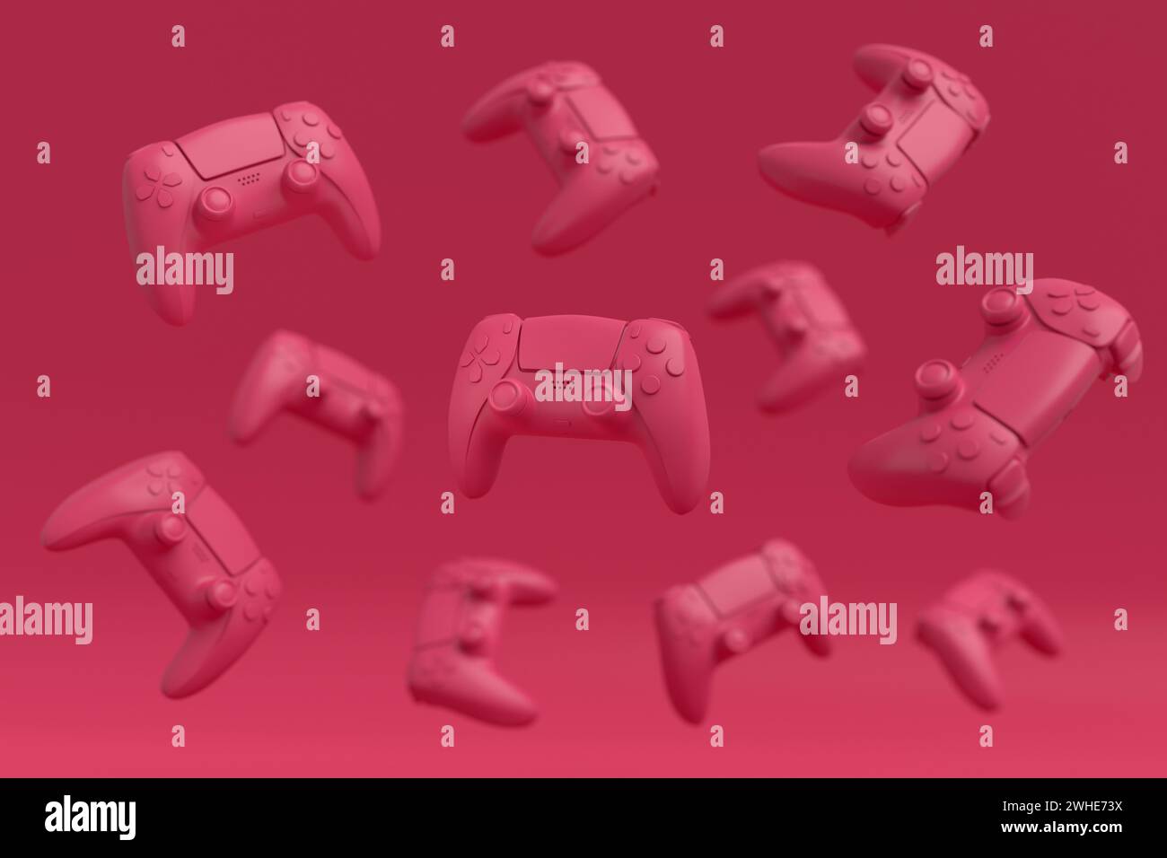 Set of flying gamer joysticks or gamepads on monochrome background. 3d ...