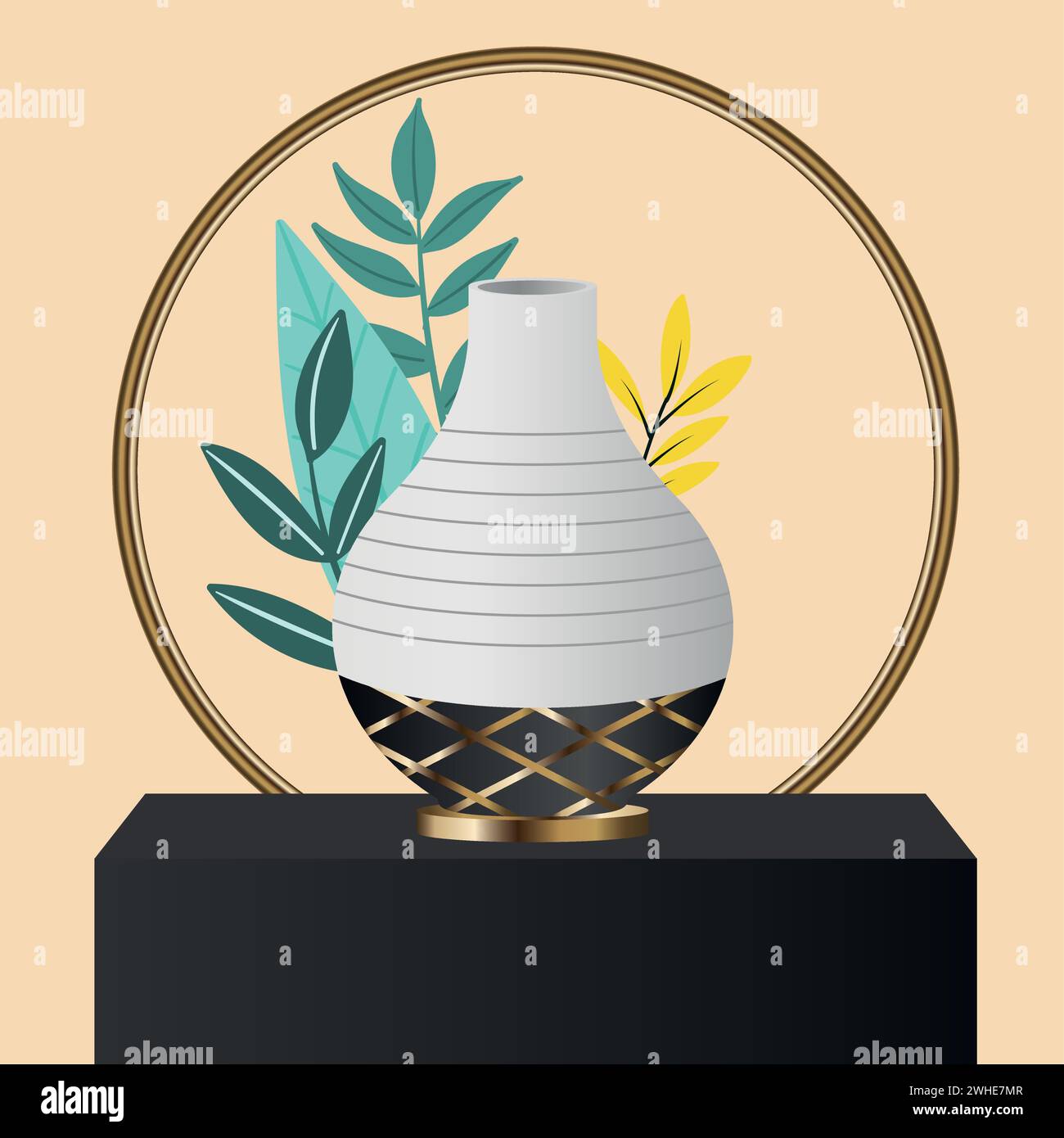 Isolated modern artisan vase surrounded by leaves Vector Stock Vector ...