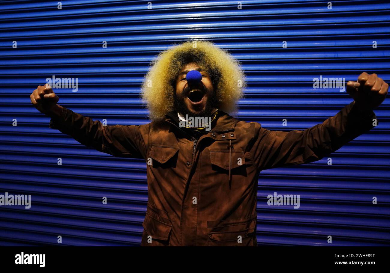 Birmingham City fan Tyrone wearing a blue foam nose poses for a ...