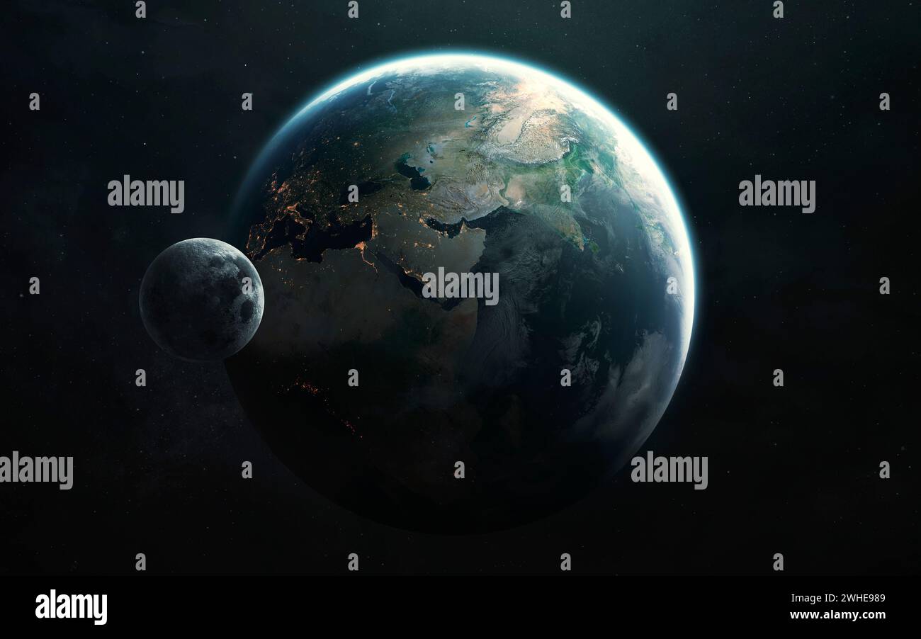Africa, Europe, Asia. Planet Earth and Moon view from space. Elements ...