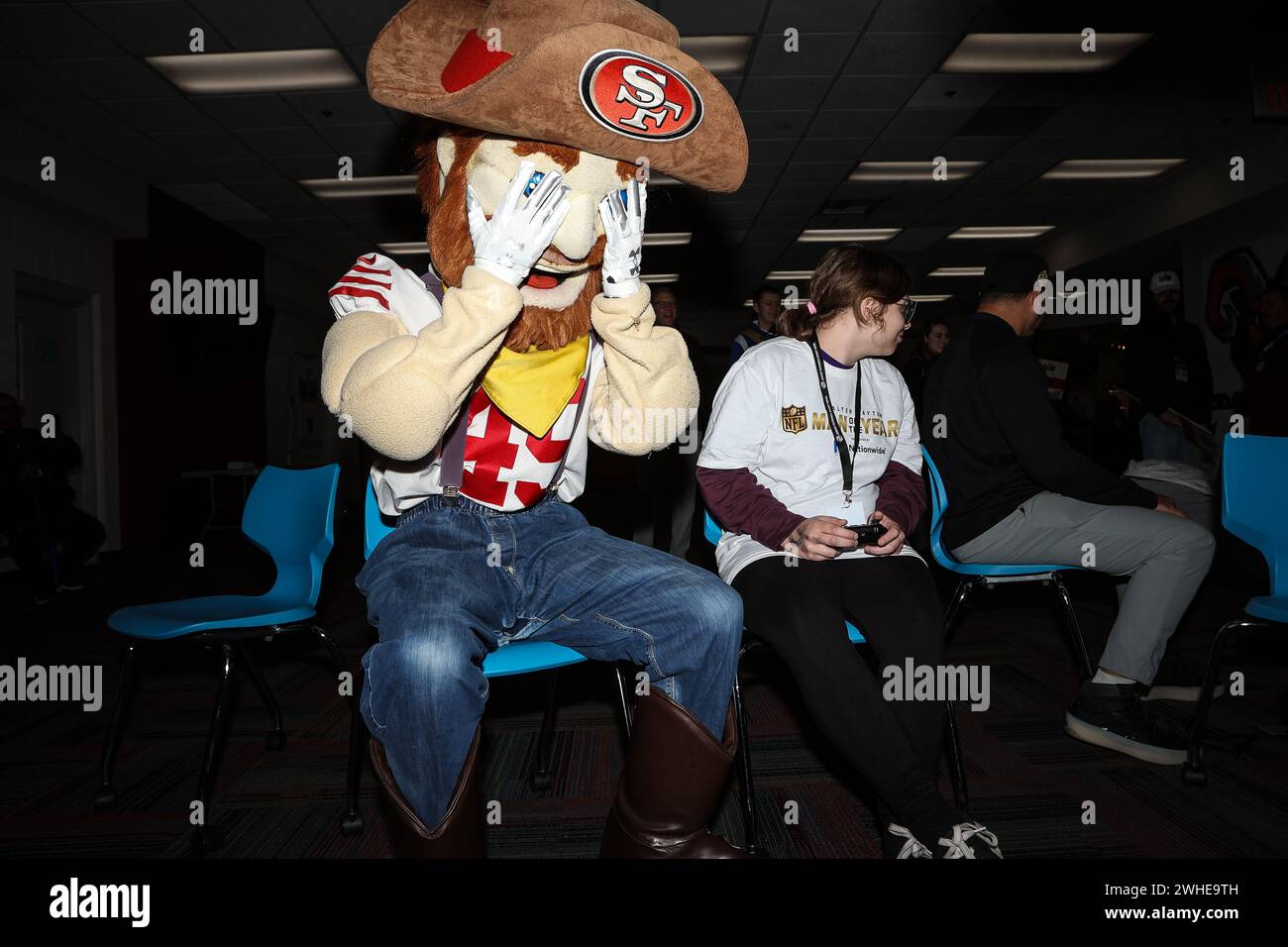February 09, 2024: 49ers mascot Sourdough Sam covers his eyes during ...