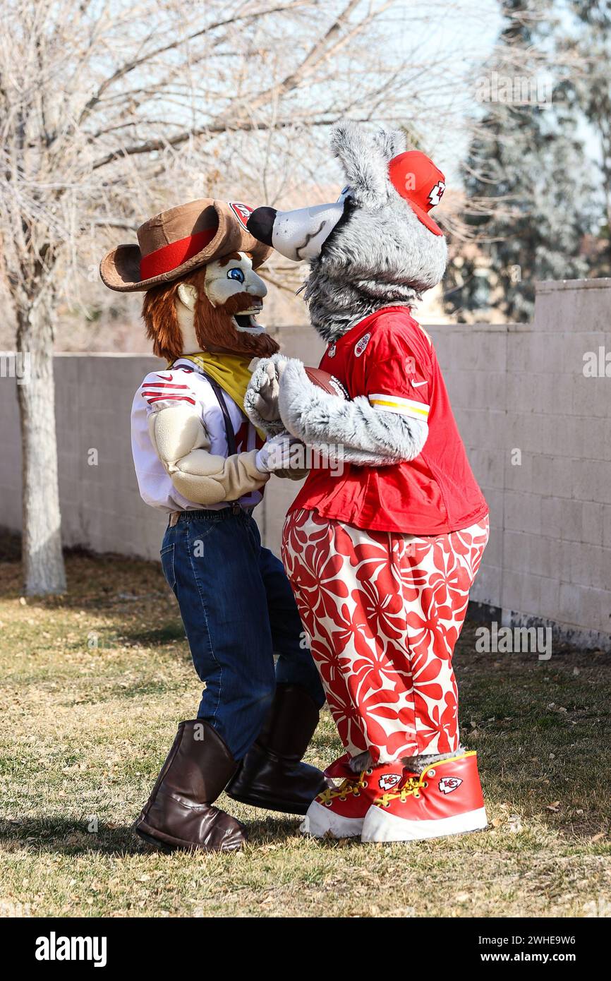 February 09, 2024: (L-R) 49ers mascot Sourdough Sam and Chiefs mascot K ...