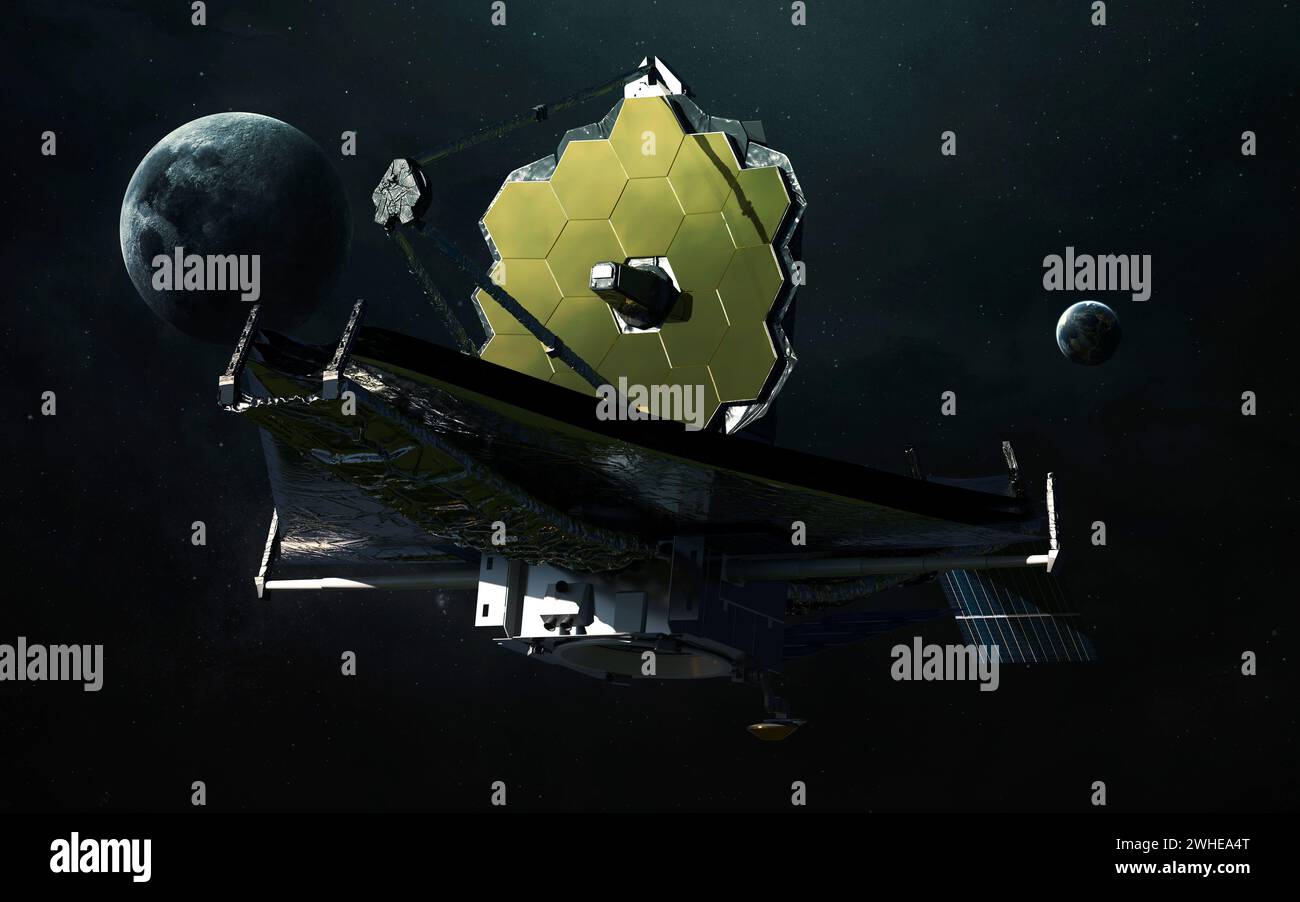 The James Webb telescope at the Langrange point L2. JWST launch art ...