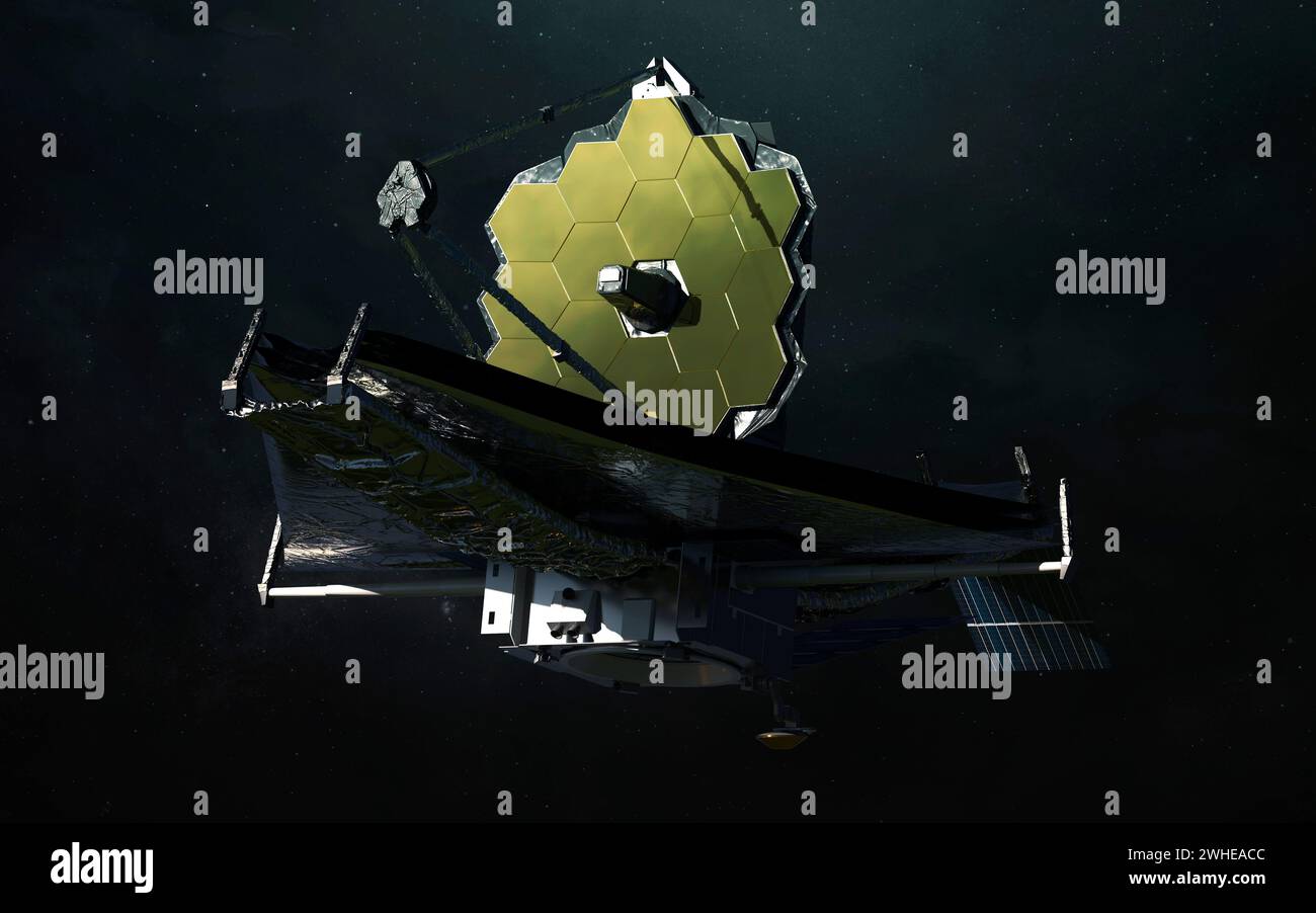 James Webb telescope explores deep space. JWST launch art. Elements of ...
