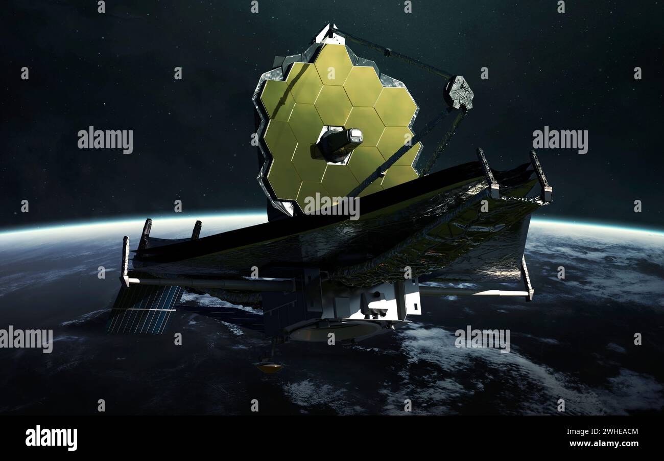 The James Webb telescope orbiting planet Earth. JWST launch art ...