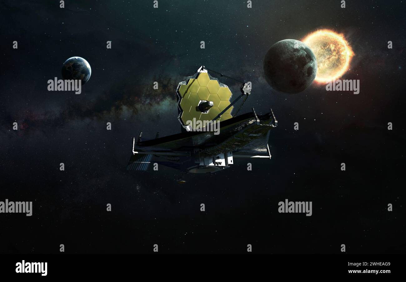 James Webb telescope explores deep space. JWST launch art. Elements of ...