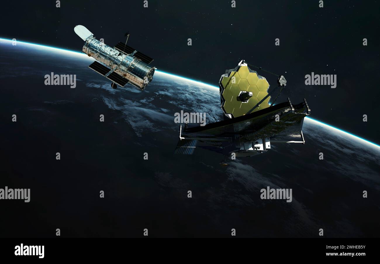 Two telescopes James Webb and Hubble. JWST launch art. Elements of ...