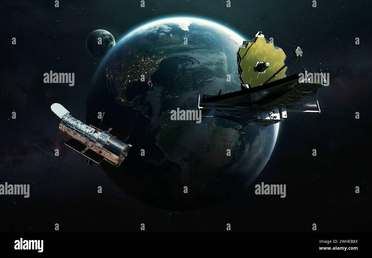 Two telescopes James Webb and Hubble. JWST launch art. Elements of ...