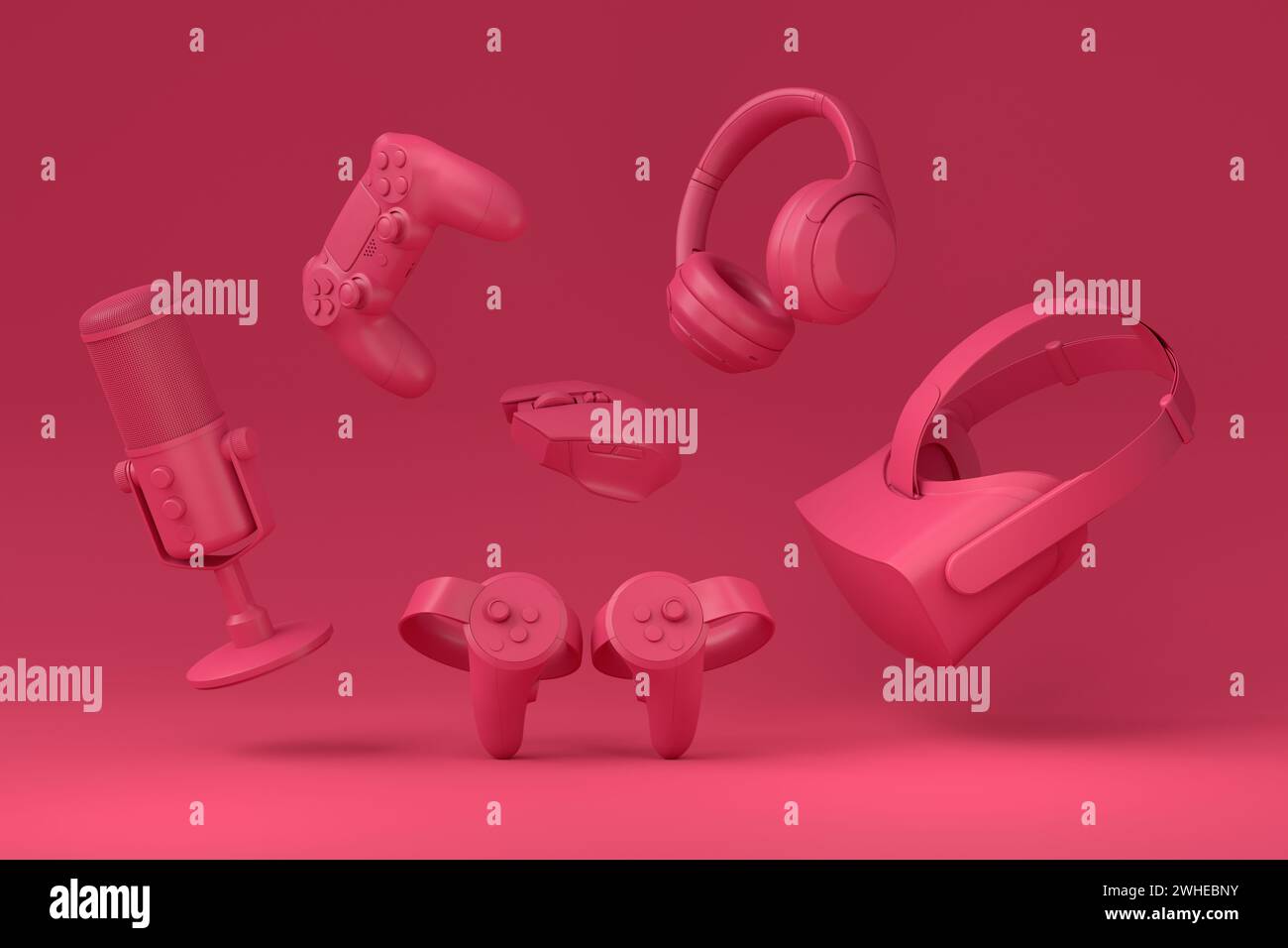 Flying gamer monochrome gears like mouse, keyboard, joystick, headset ...