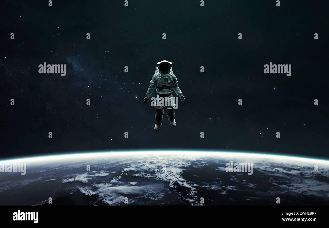 Astronaut at Earth orbit looks in camera. 3D sci-fi art. Elements of ...